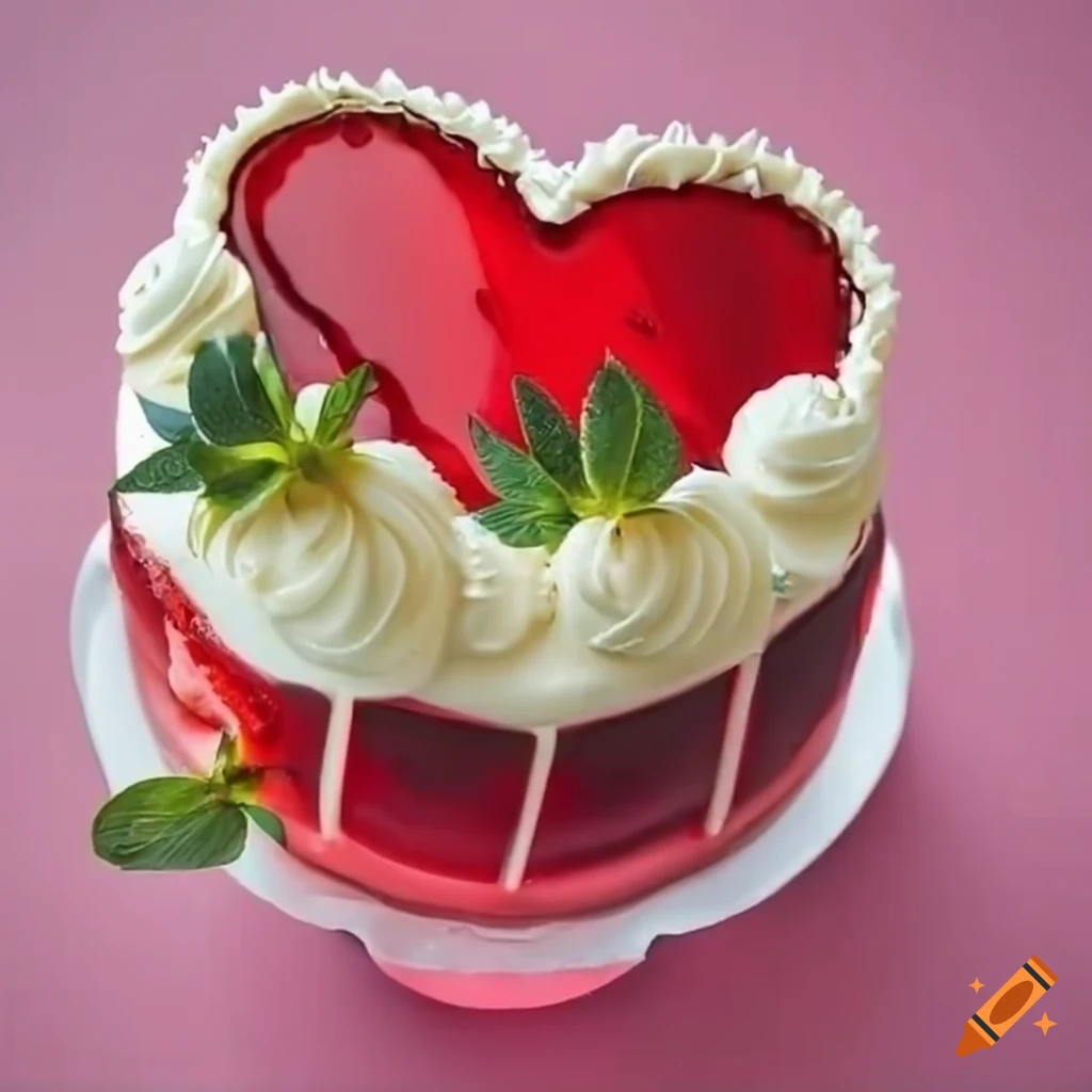 Heart shaped cake with white frosting, red jelly, and strawberries on ...