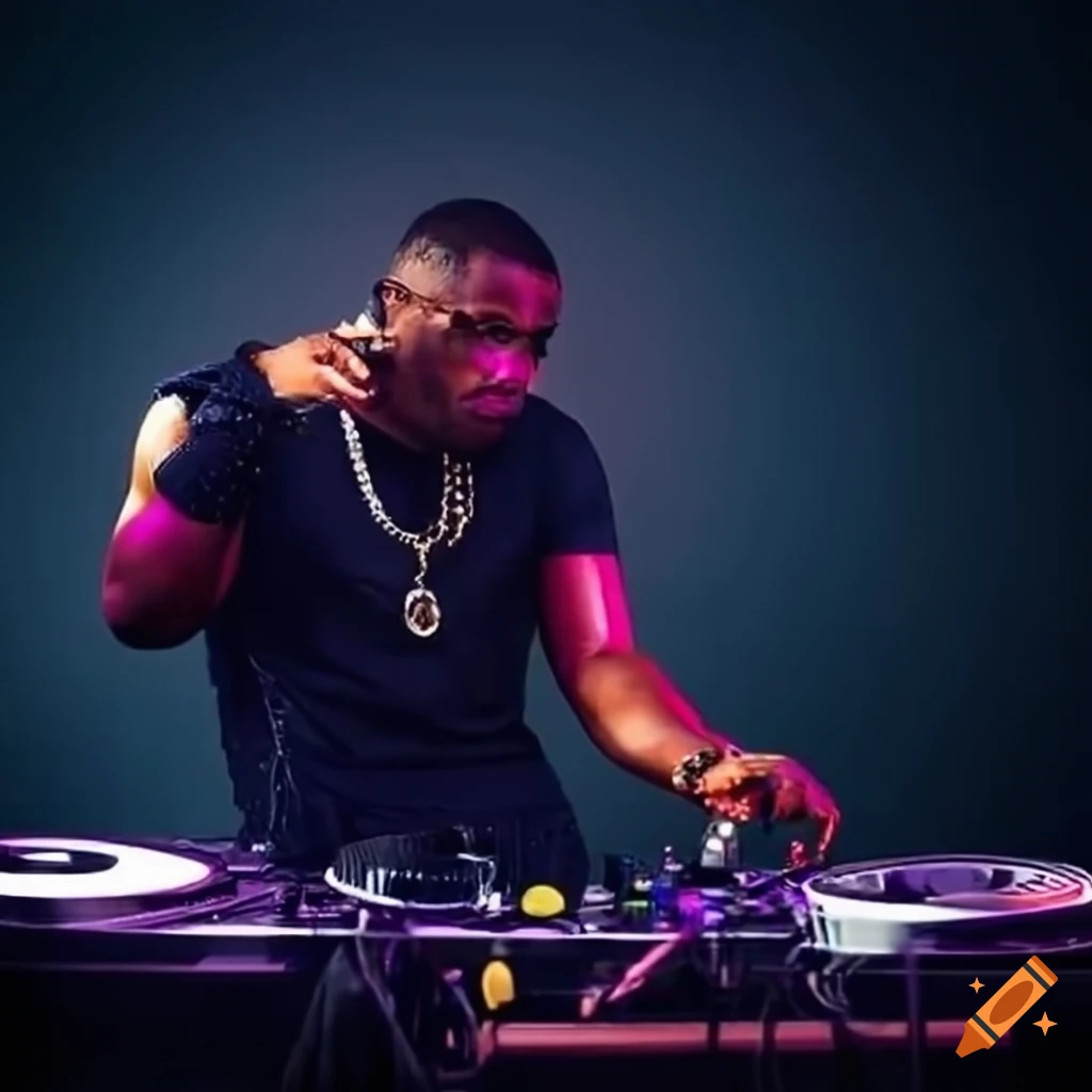 Live event with a black male dj entertaining the crowd with music on ...