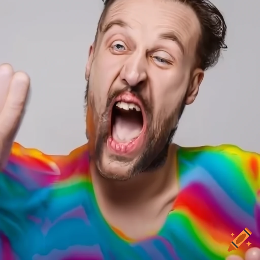 Man covered in rainbow liquid screaming on white background on Craiyon