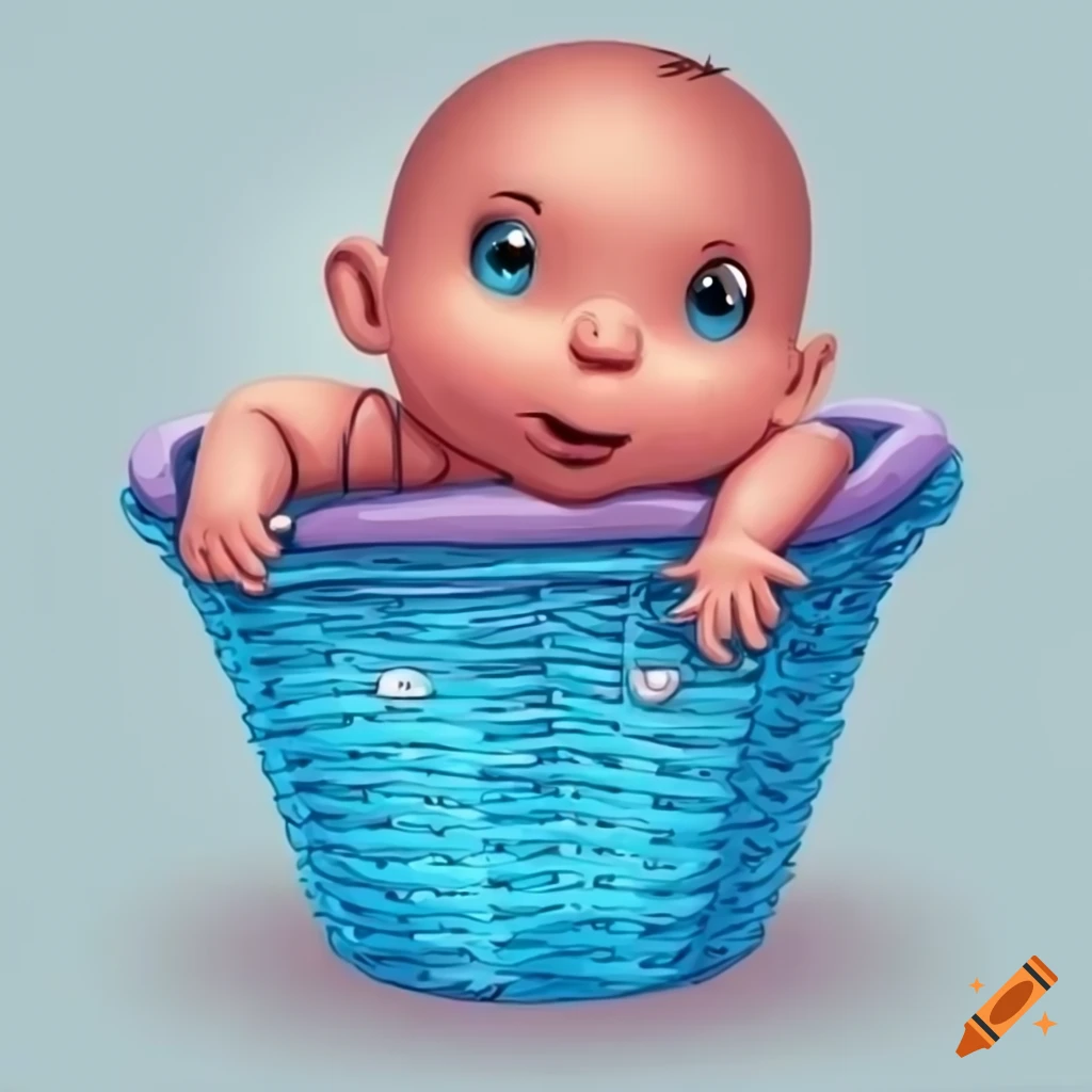 Cartoon of a newborn baby in a blue basket on Craiyon
