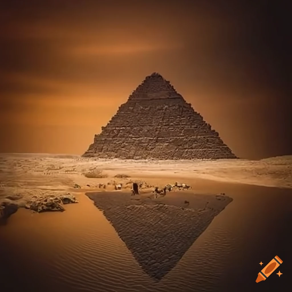 Ancient egyptian pyramid nestled underground in a desert with water on ...