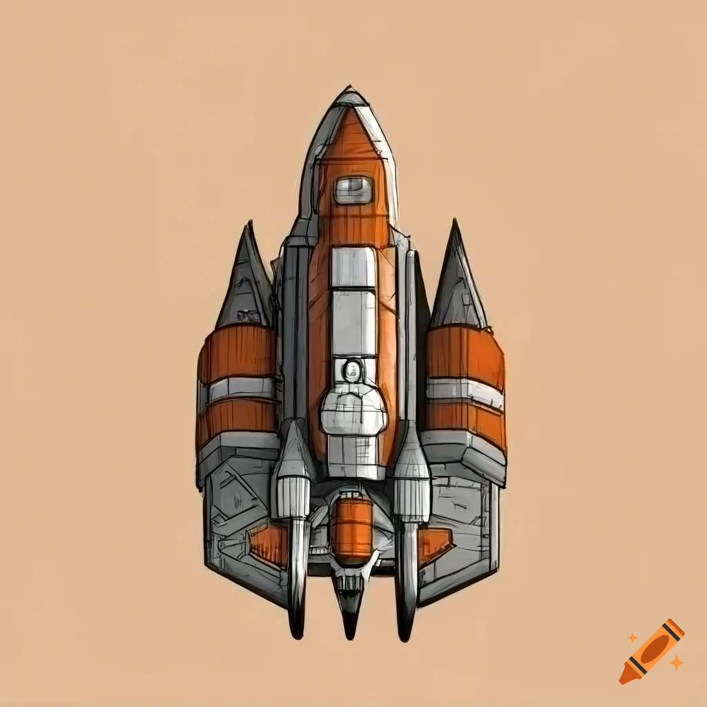 Detailed top-down drawing of an industrial spaceship for a game on Craiyon