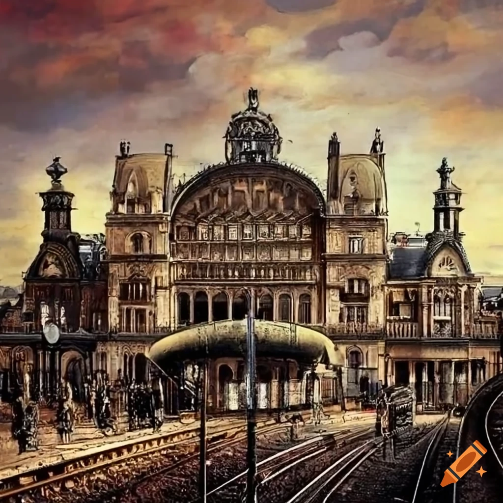 Steampunk illustration of montparnasse train station from 1895 on Craiyon