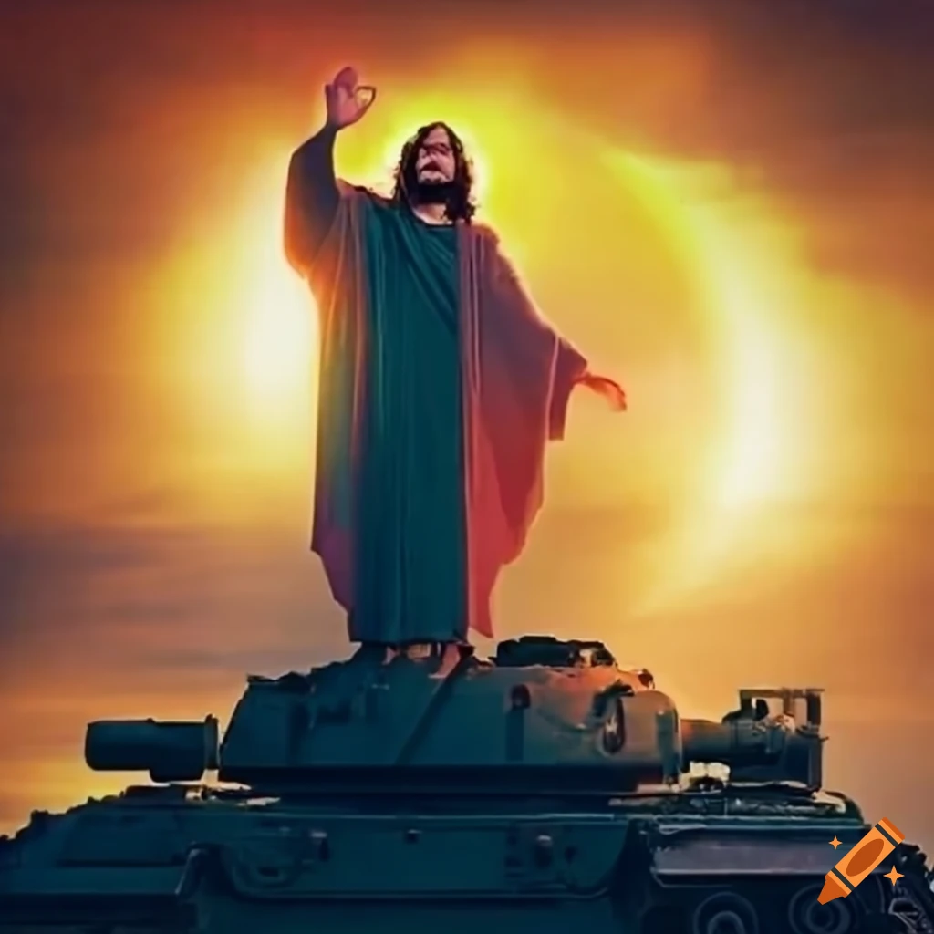 Jesus standing on an m1 abrahams battle tank with sun shining from ...
