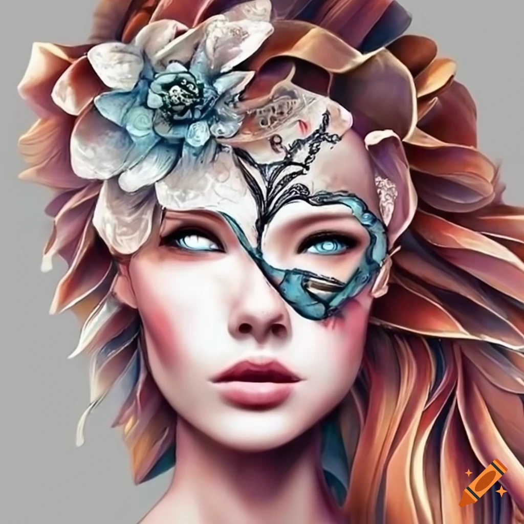 Cracked porcelain mask of a beautiful woman on Craiyon