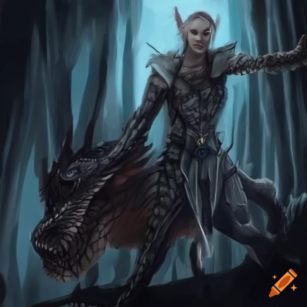 Fantasy drawing of a dragon and an elf with a metal collar on Craiyon