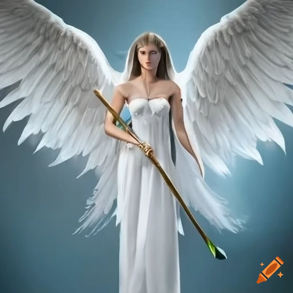 White angel with wings holding a spear on Craiyon