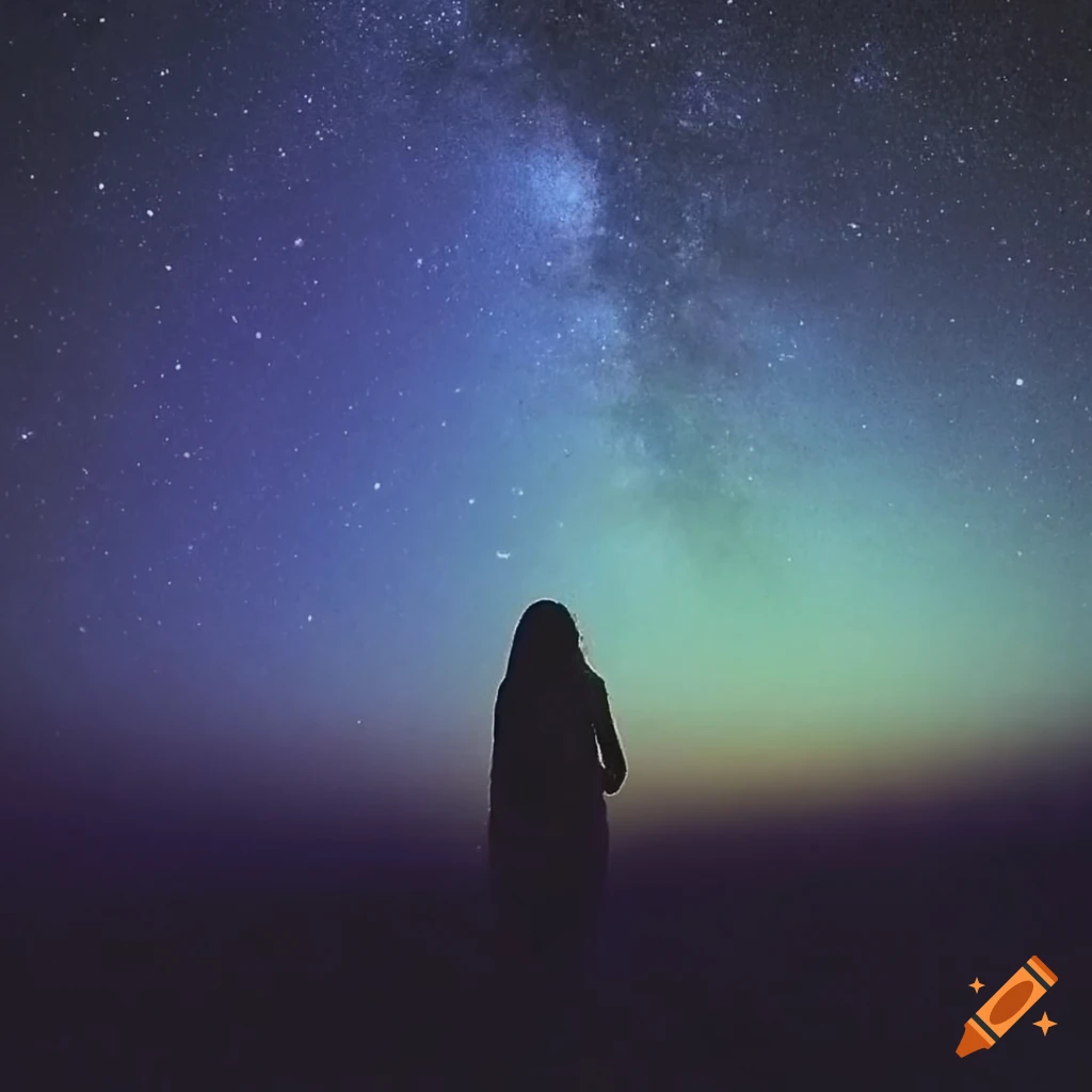 Silhouette of a person against a starry sky with a whimsical and dreamy ...