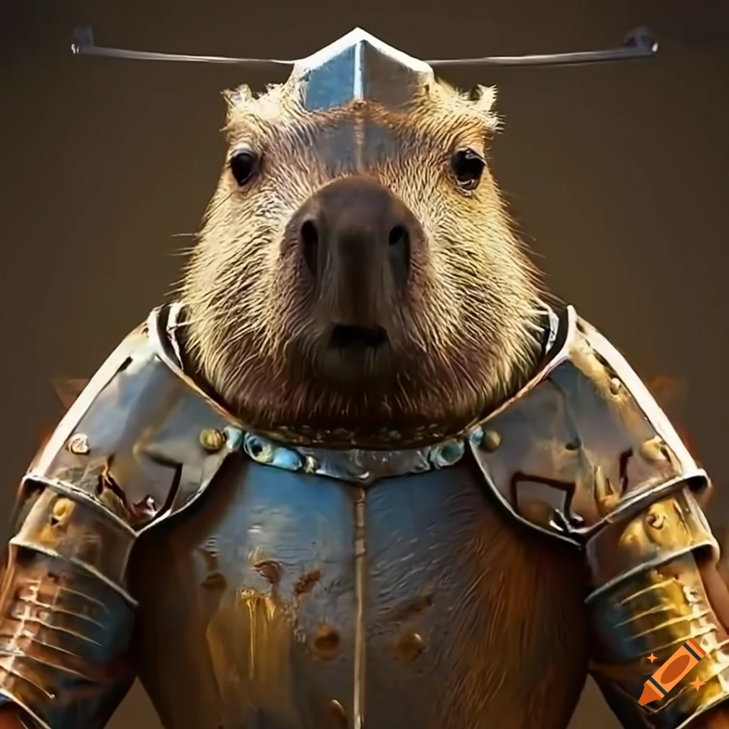 Capybara in plate armor with a huge hammer in 4k resolution on Craiyon