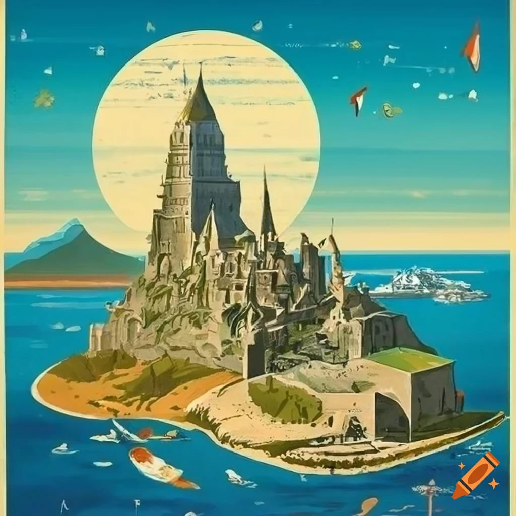 Vintage travel poster of a fantasy world on Craiyon