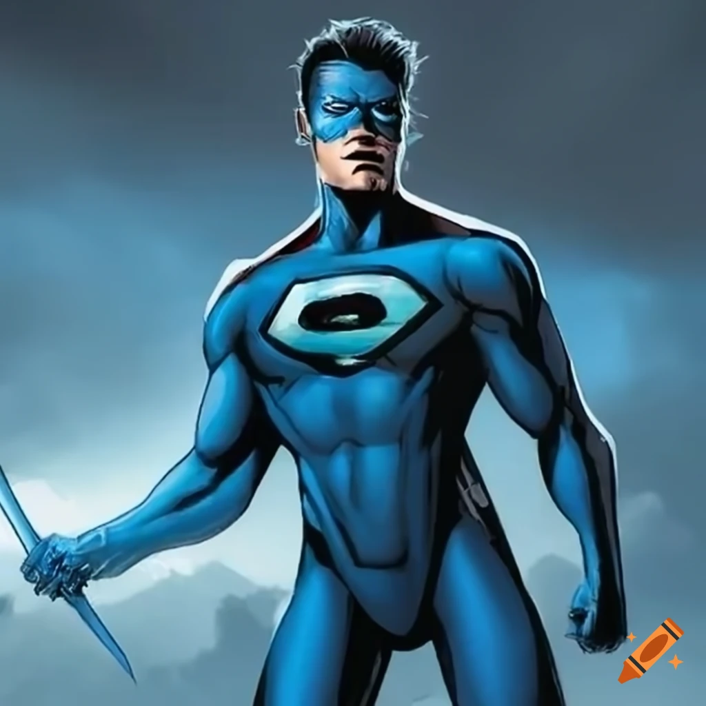 Blue atom superhero with an atom-breaking sword on Craiyon