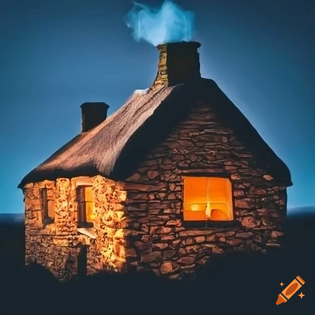 Stone cottage with thatched roof and smoking chimney on the moors at ...