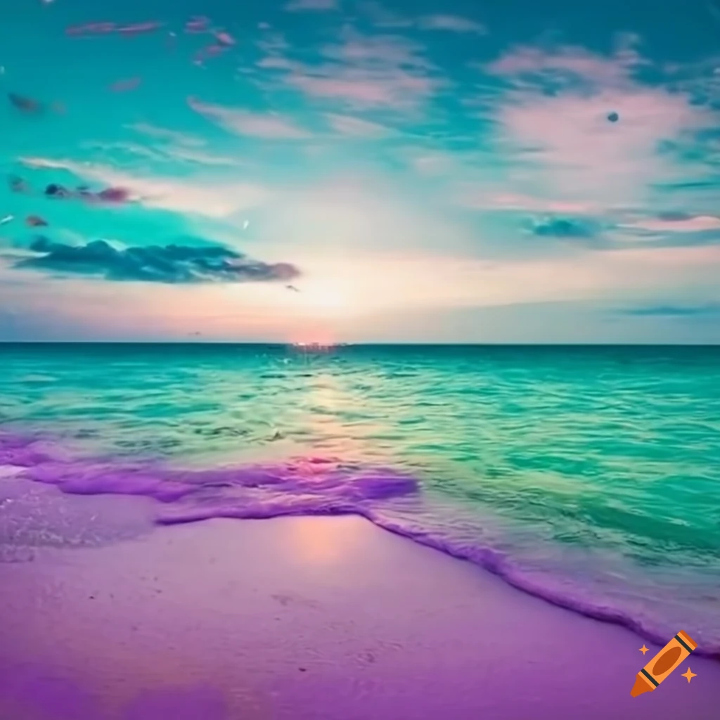 Beach with purple sand and green water on Craiyon