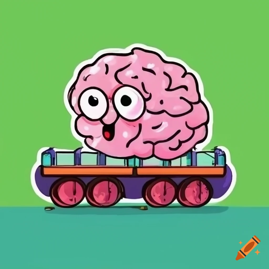 Cartoon brain riding a train on Craiyon