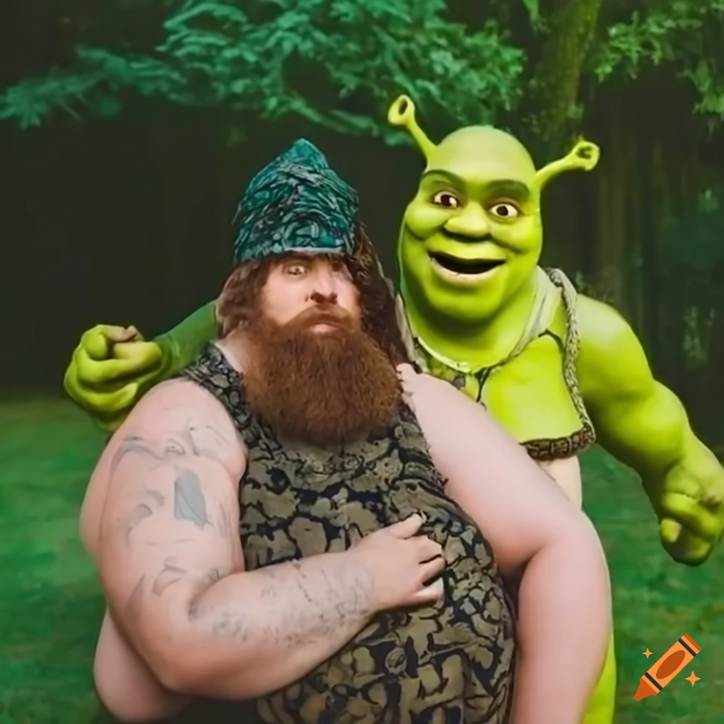 Cartoon characters shrek and a fat bearded man in the park on Craiyon