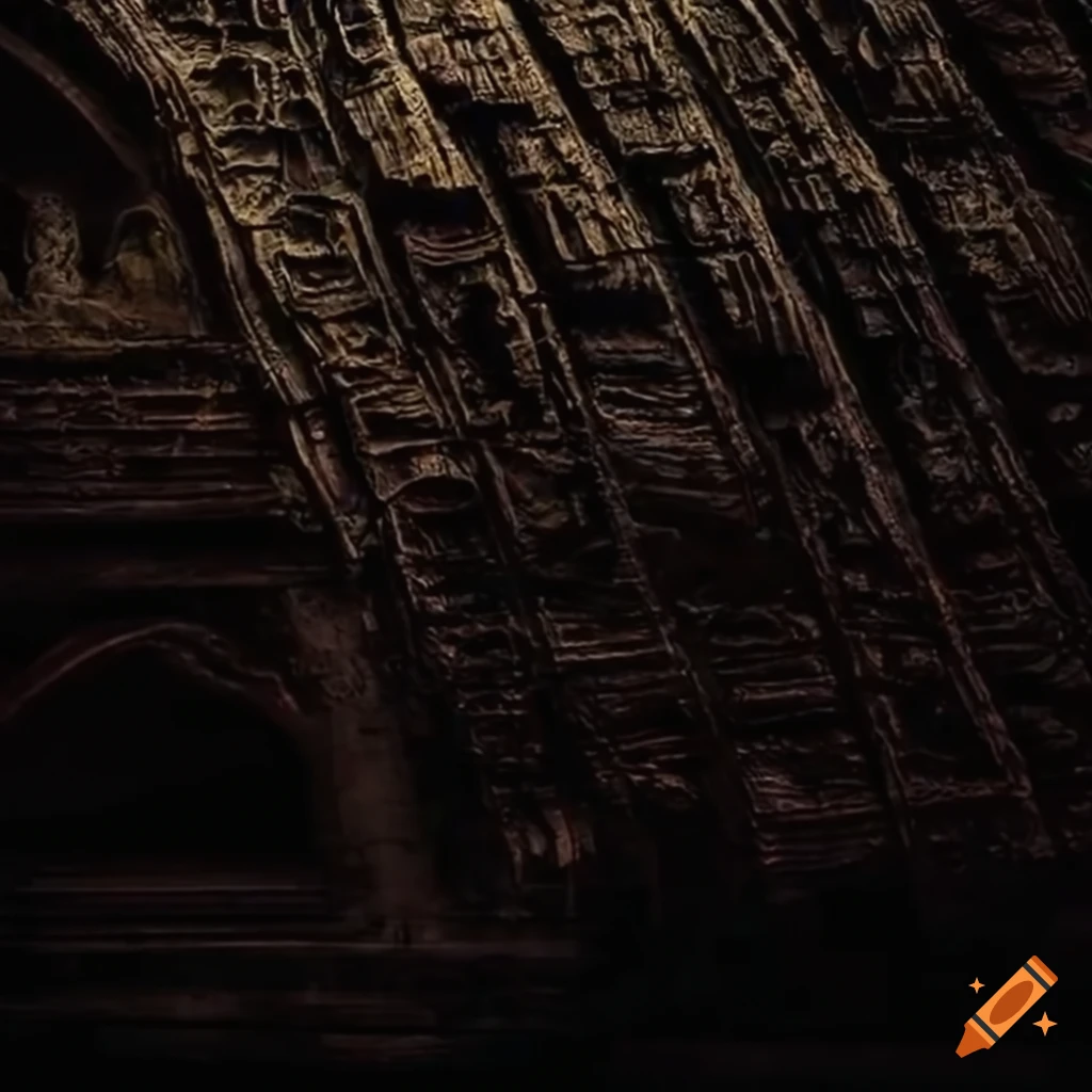 Dilapidated alien temple wall with mysterious glowing glyphs on Craiyon