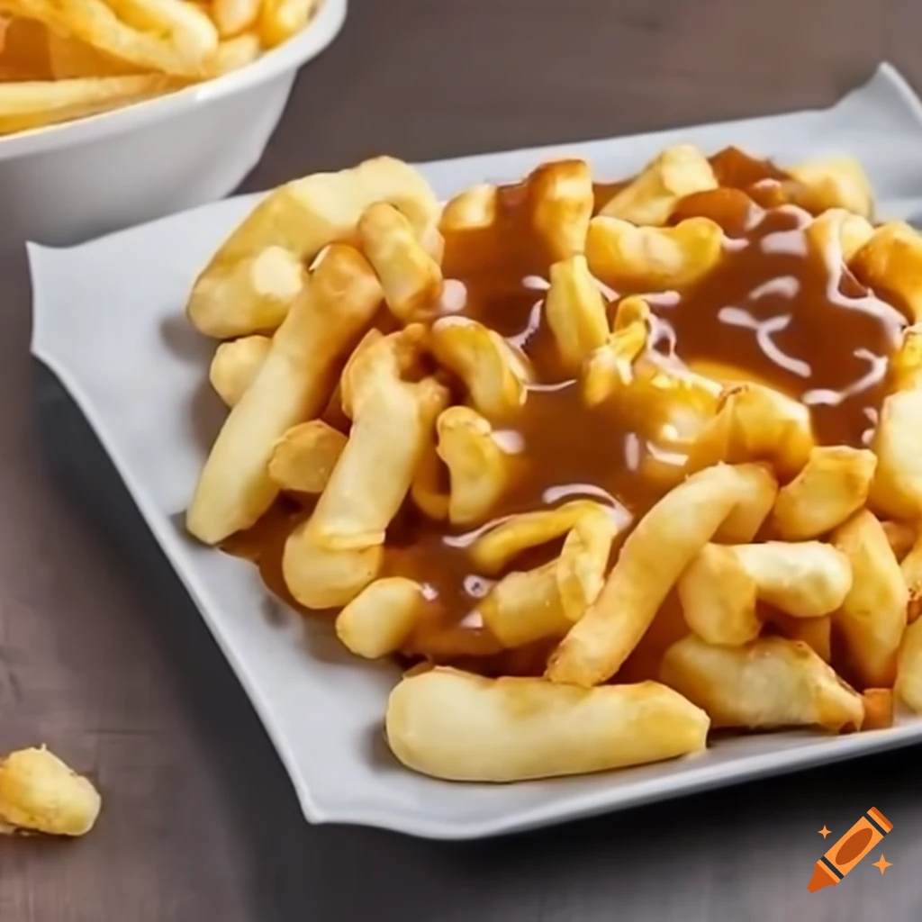 Preparation of poutine with cheese curds, french fries, and gravy on ...
