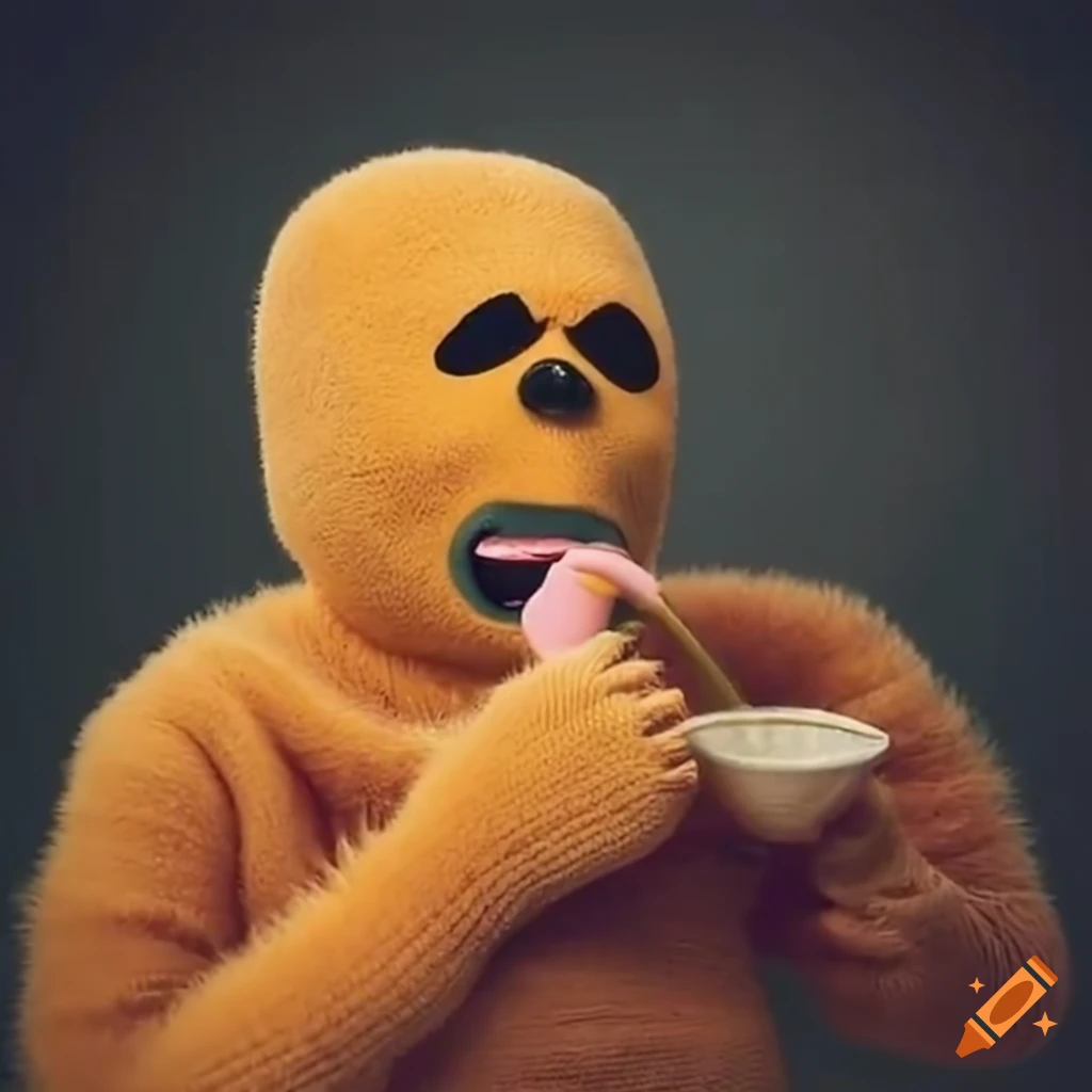 Ski mask puppet having breakfast with fluffy worm creatures on Craiyon