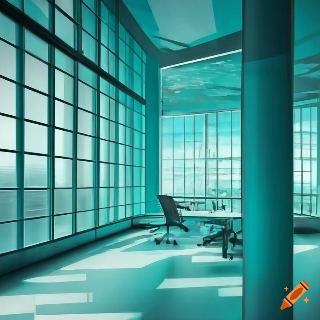 Hyper realistic view of a modern office in teal colors with skyscrapers ...
