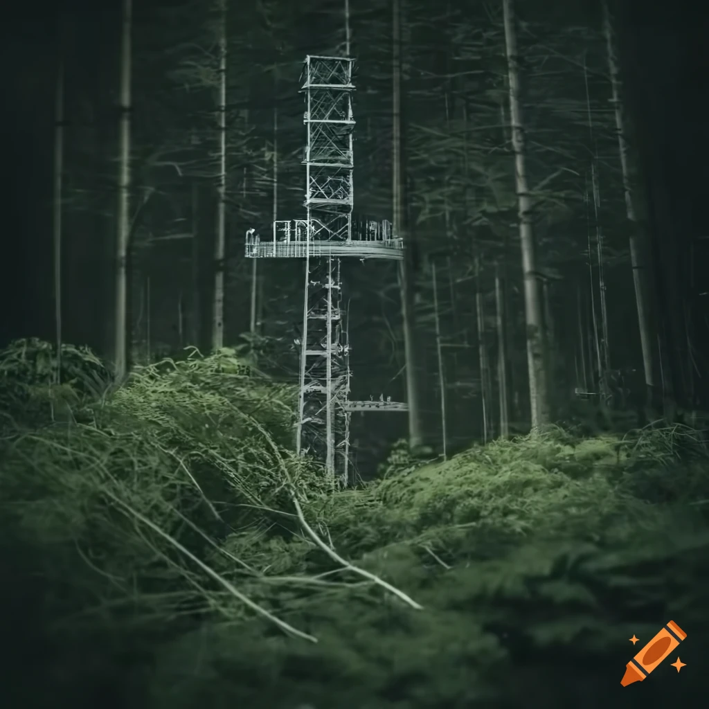 Half robot-half computer facility with cables and radio tower hidden in ...