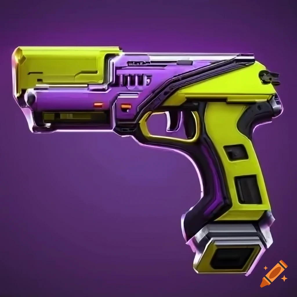 Detailed sci-fi gun concept in purple and yellow, 3d render on Craiyon