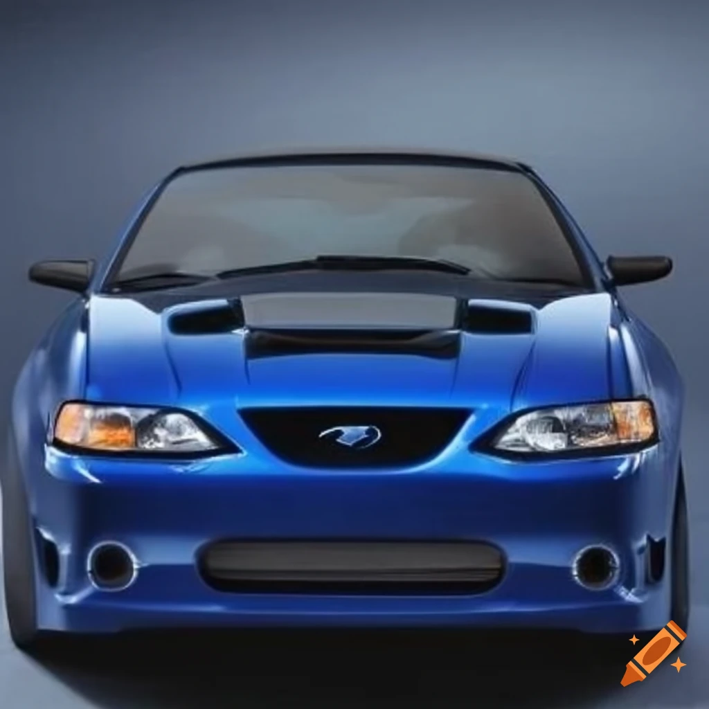 Blue 1998 ford mustang with saleen body kit and red 5 spoke rims on Craiyon