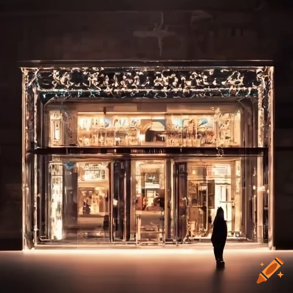 Crystal and light frames around the shops of commercial stores on Craiyon