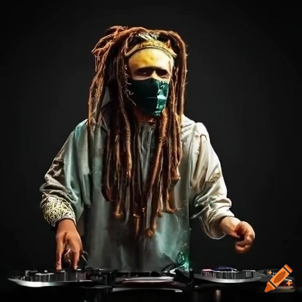 DJ in Moroccan costume with dreadlocks and mask performing live on Craiyon