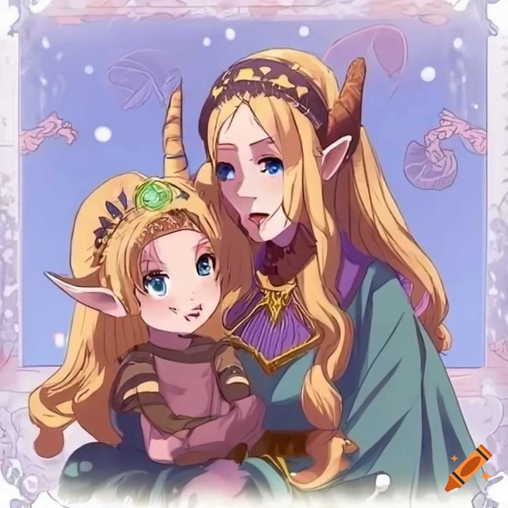 Anime-style dragon-princess and elf nanny with a young princess in a ...