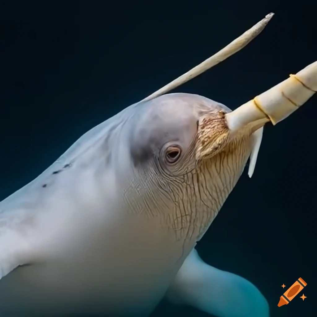 Adorable hybrid creature with narwhal horn and walrus tusks swimming in ...