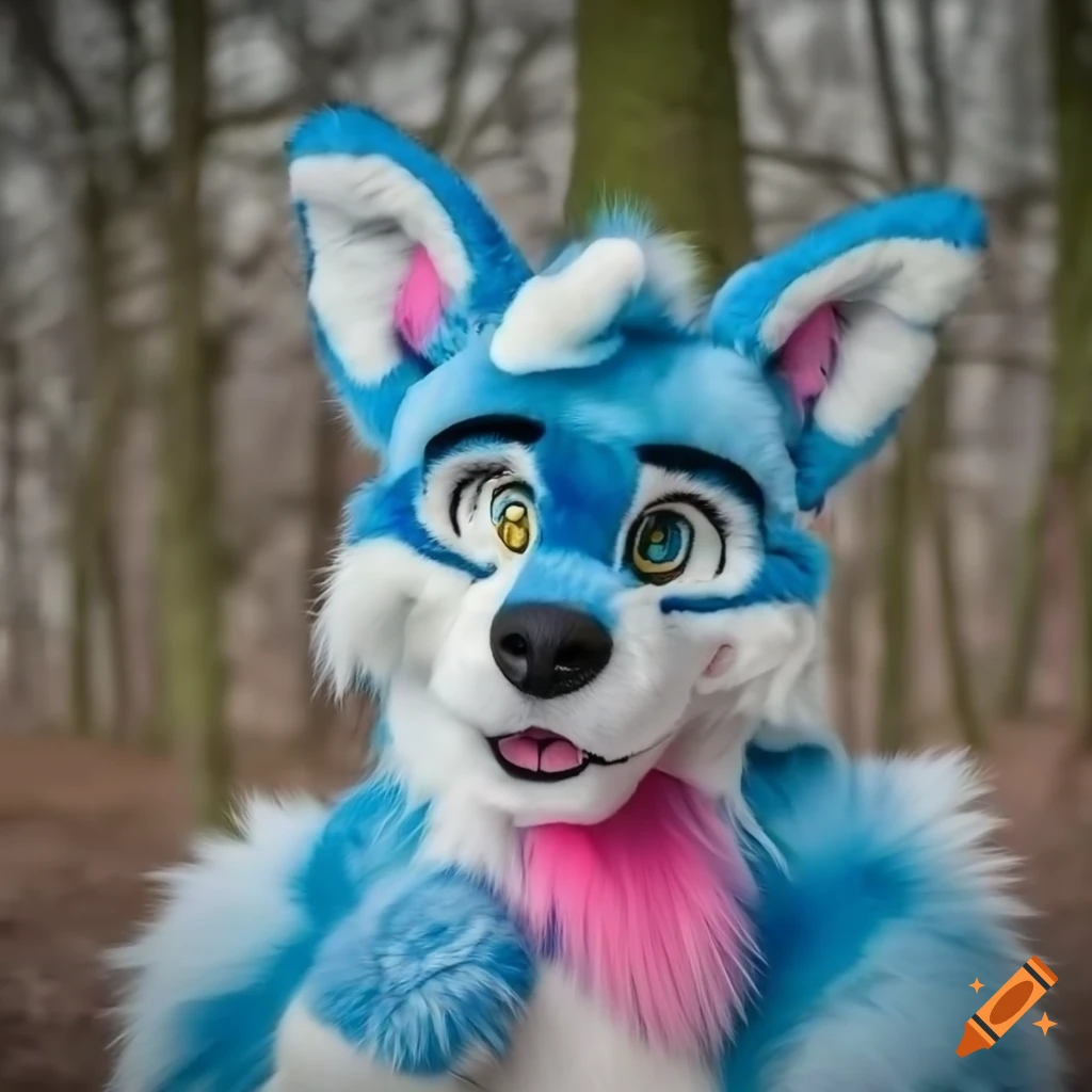Blue, white, and pink dog fursuit in the woods on Craiyon