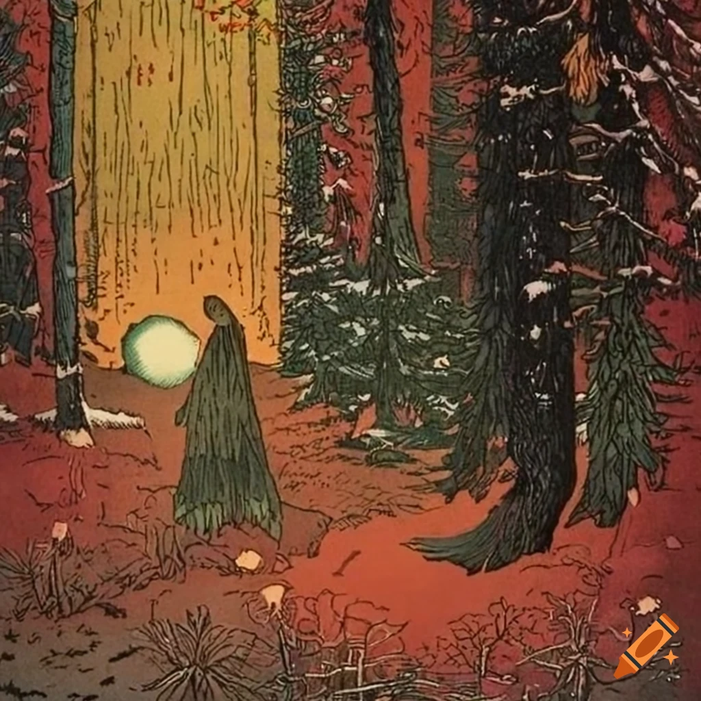 Avian forest scene with native salish and russian fairytale motifs and ...