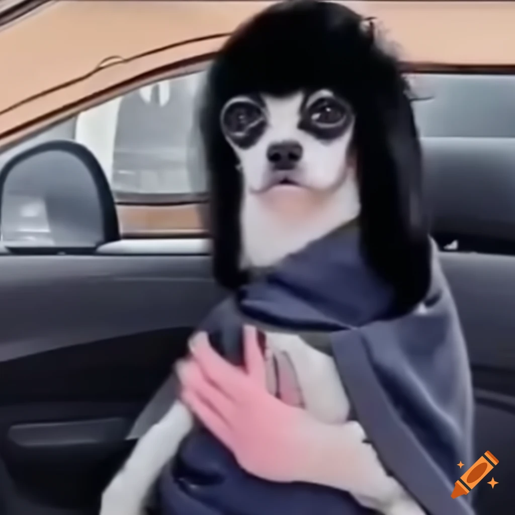 Tiktok emo dog wearing a jacket and black wig in a car on Craiyon