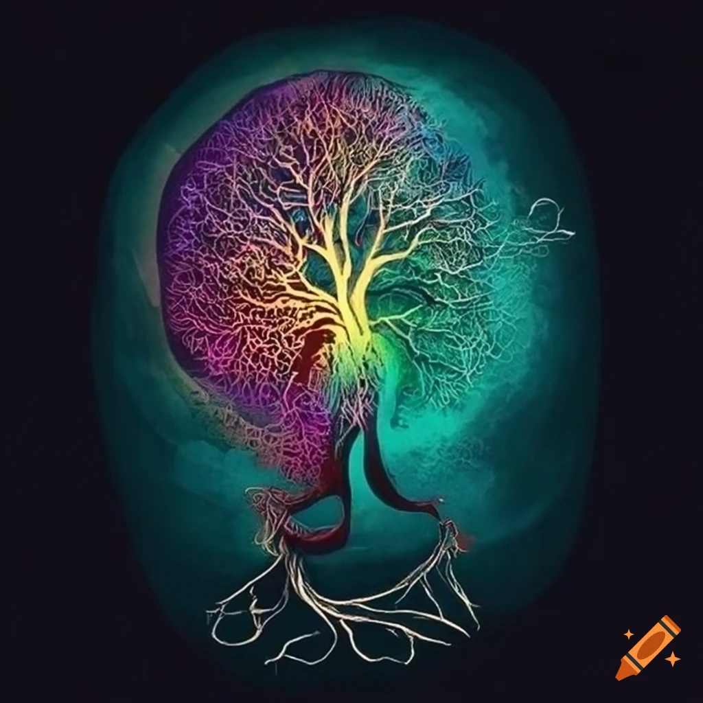 Ethereal artwork of a tree between life and death with symbolical ...