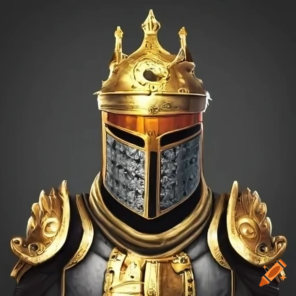 Photorealistic king arthur in golden armour and crusader helmet on Craiyon