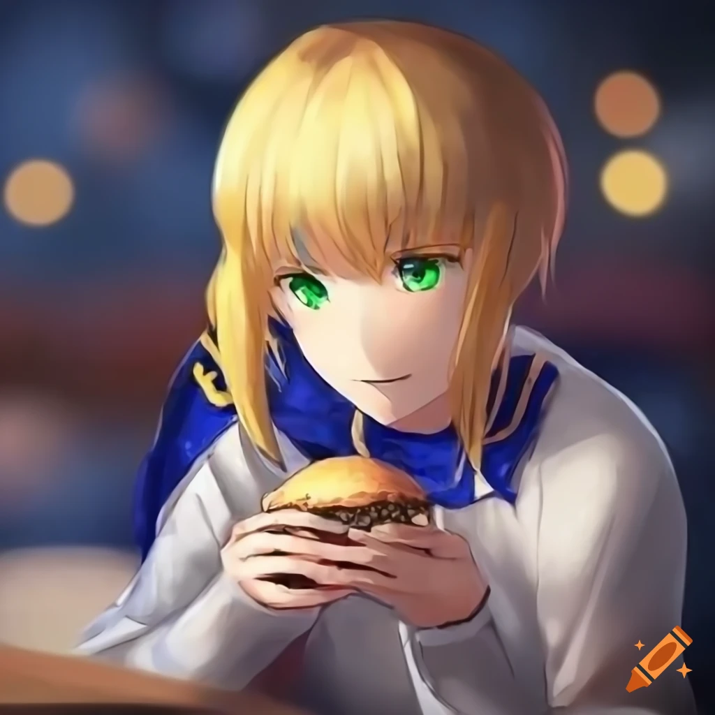 Artoria pendragon aka saber enjoying a burger at the dining table on ...