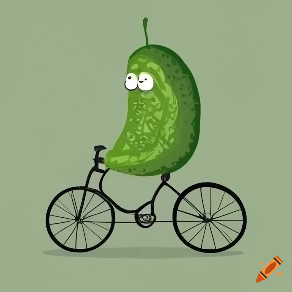 Green dill pickle riding a bicycle with a mischievous grin on Craiyon