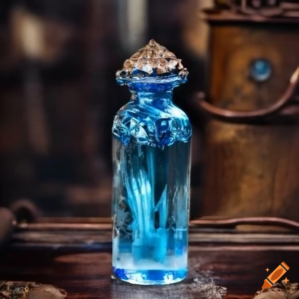 Ornate blue crystal vial with powder inside a room on an old ship on ...