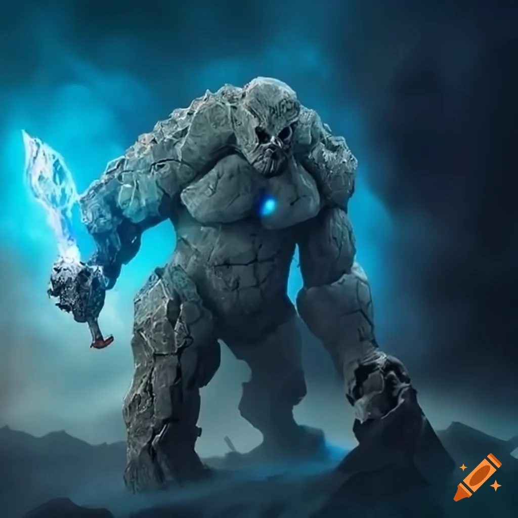 Massive stone golem with a radiant blue gemstone and ethereal sword in ...
