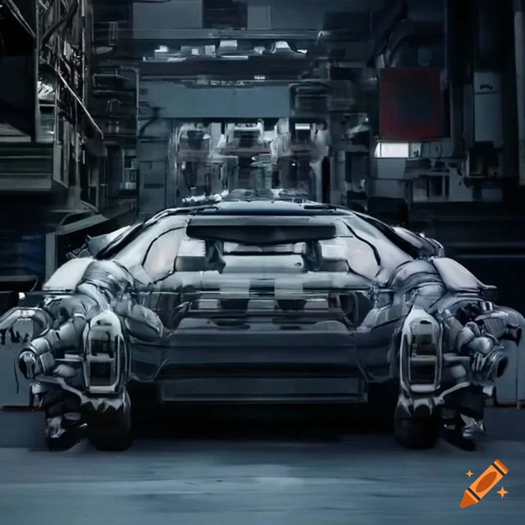 Car factory with humanoid robots in a hyper-realistic style on Craiyon