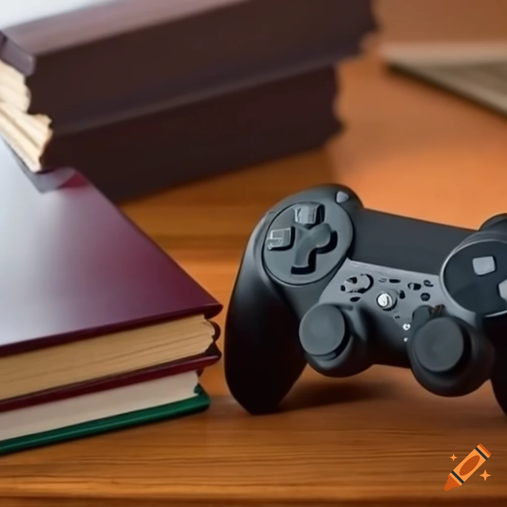 Gaming controller on a desk next to study books on Craiyon
