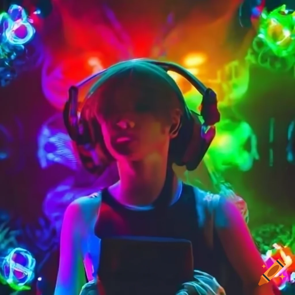 Interactive dj playing with colorful light stages on Craiyon