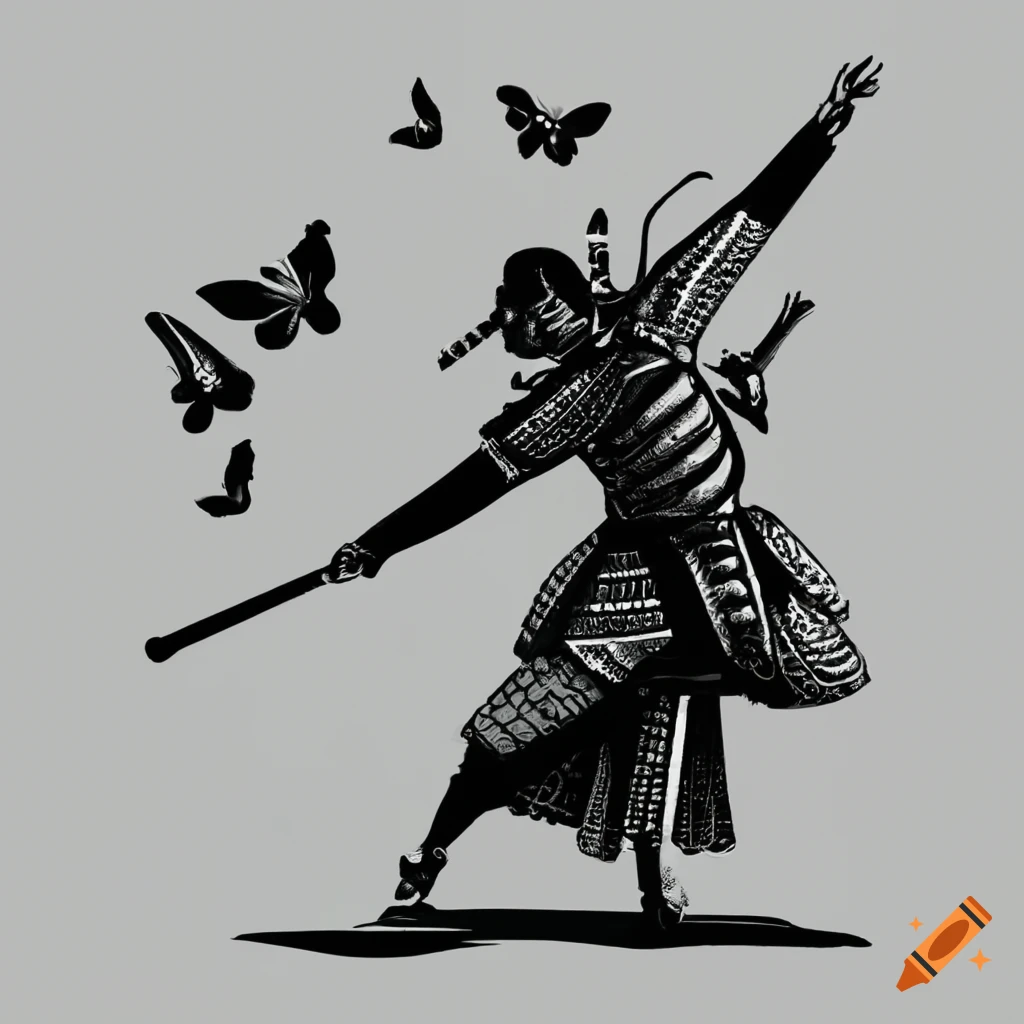 Elegant butterfly with ancient male samurai warrior in dramatic pose on ...