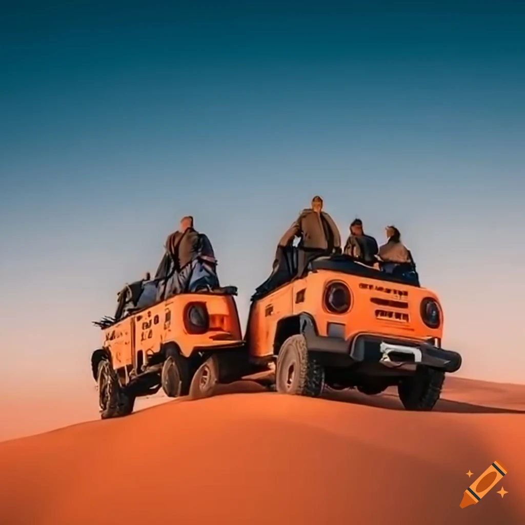 Group of friends driving a jeep off-road in a desert landscape on Craiyon