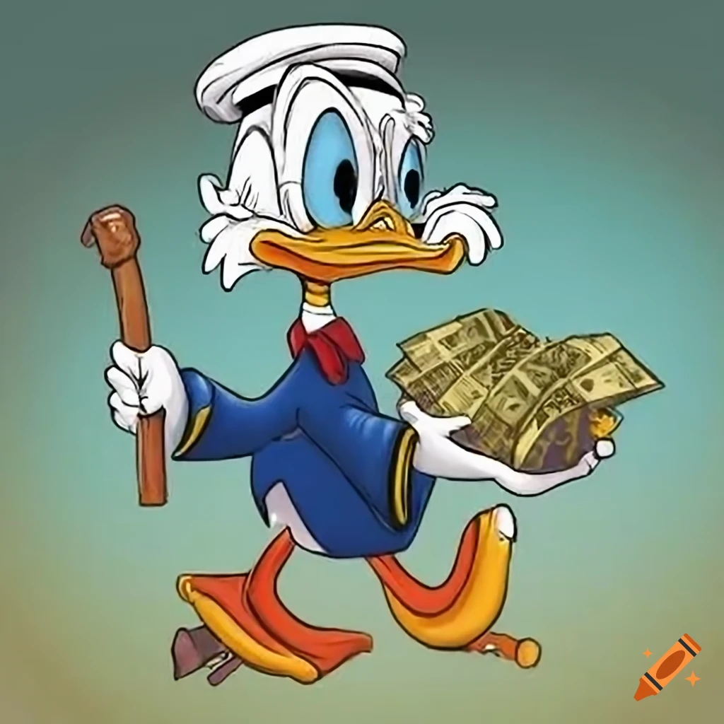 Scrooge McDuck with gold and banknotes, wearing a navy officer uniform ...