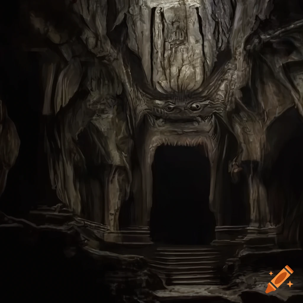 Bat god at cave temple in a 1980s dark fantasy setting on Craiyon