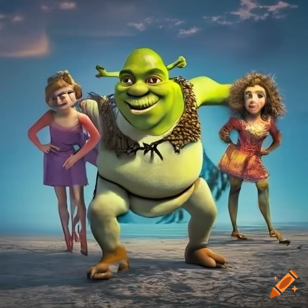 Shrek and Lightning McQueen posing with their worlds in the background ...