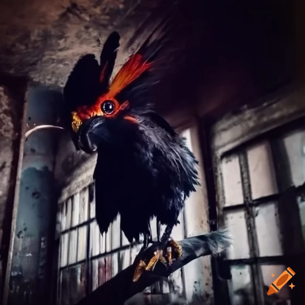 Giant lifelike Xatu bird perched in an abandoned mall garage at night ...