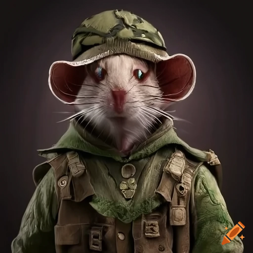 Fantasy-themed rat in army clothes in dark surroundings on Craiyon
