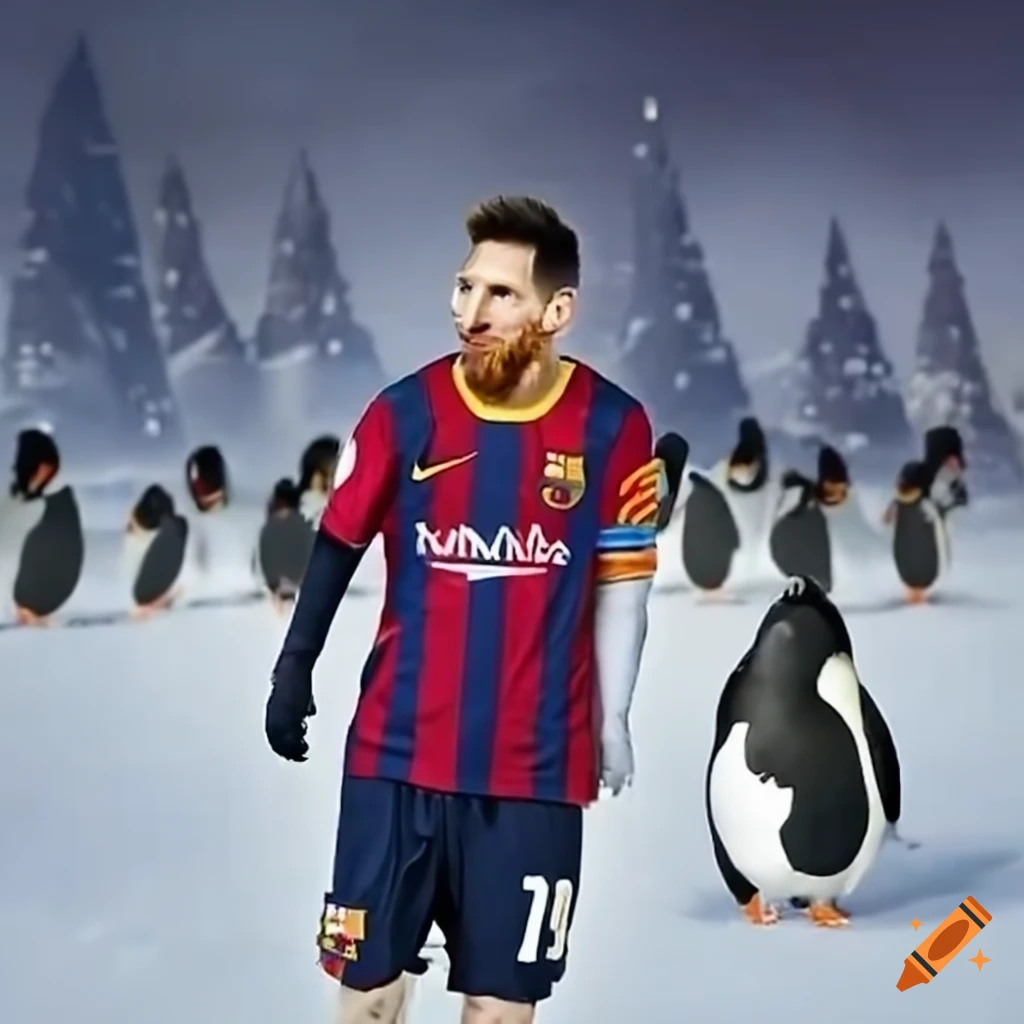 Lionel messi playing football with penguins in the north pole on Craiyon